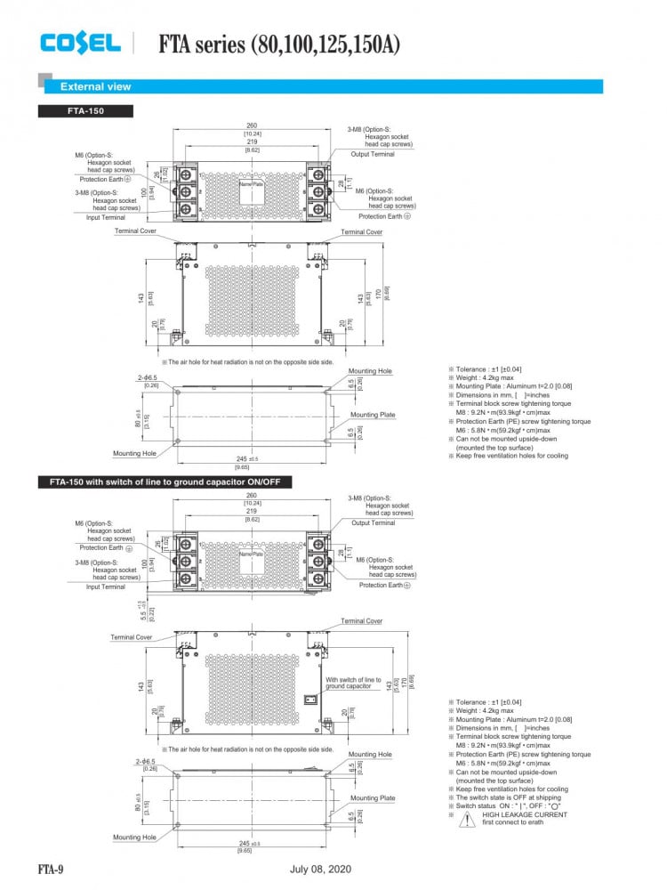 Cosel FTA series mechanical drawing page