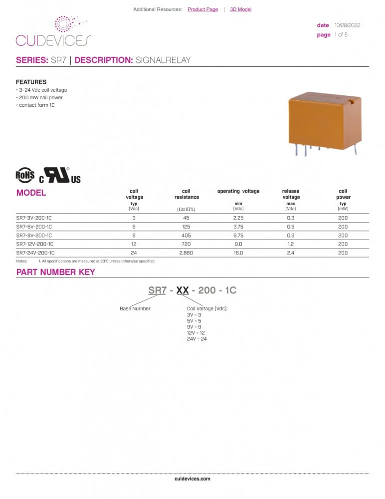 SR7 relay datasheet page 1