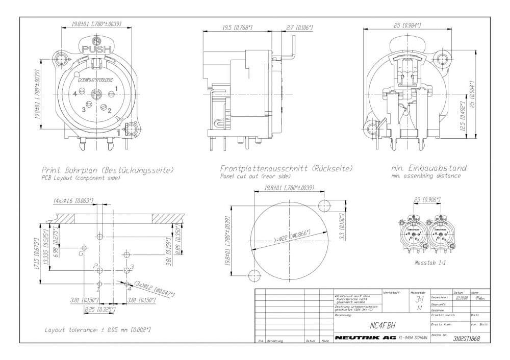 Neutrik NC4FBH PCB layout drawing
