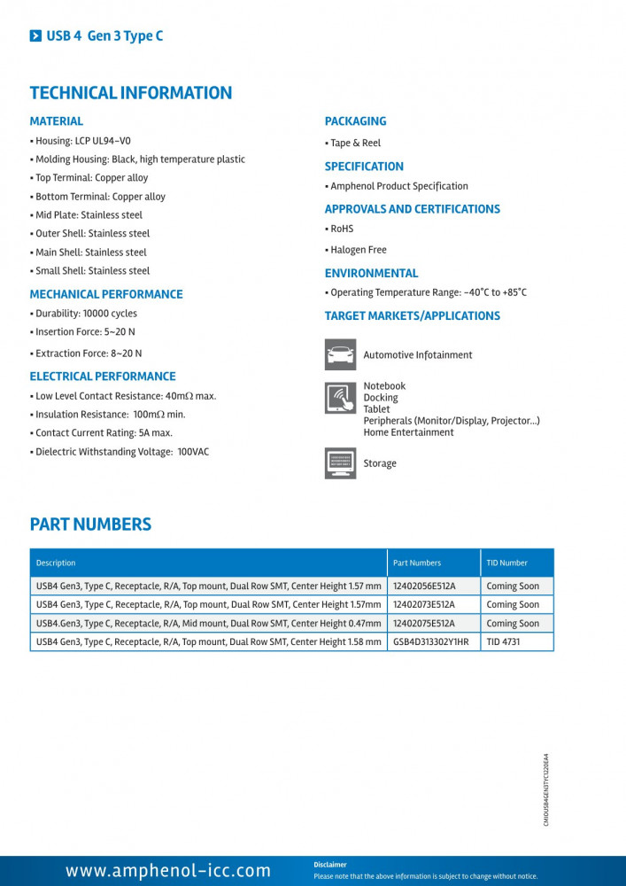Amphenol USB4 Gen 3 Type-C product document page 2