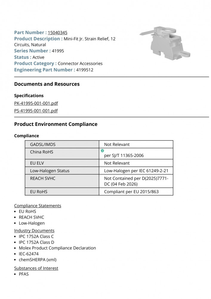 MINI-FIT JR. strain relief product specification page 1