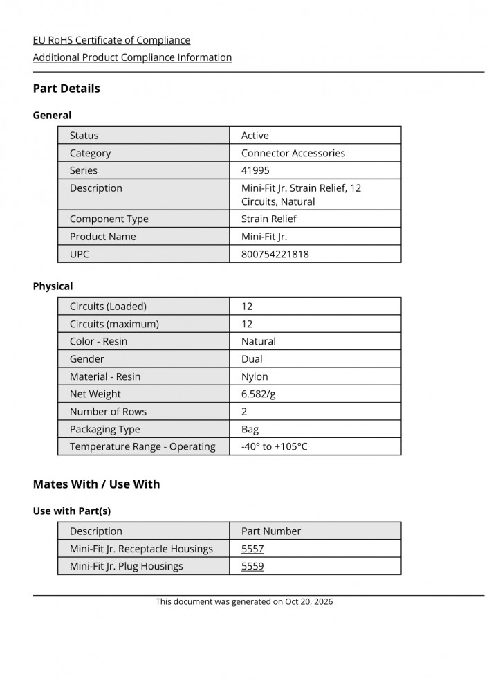 MINI-FIT JR. strain relief product specification image 2