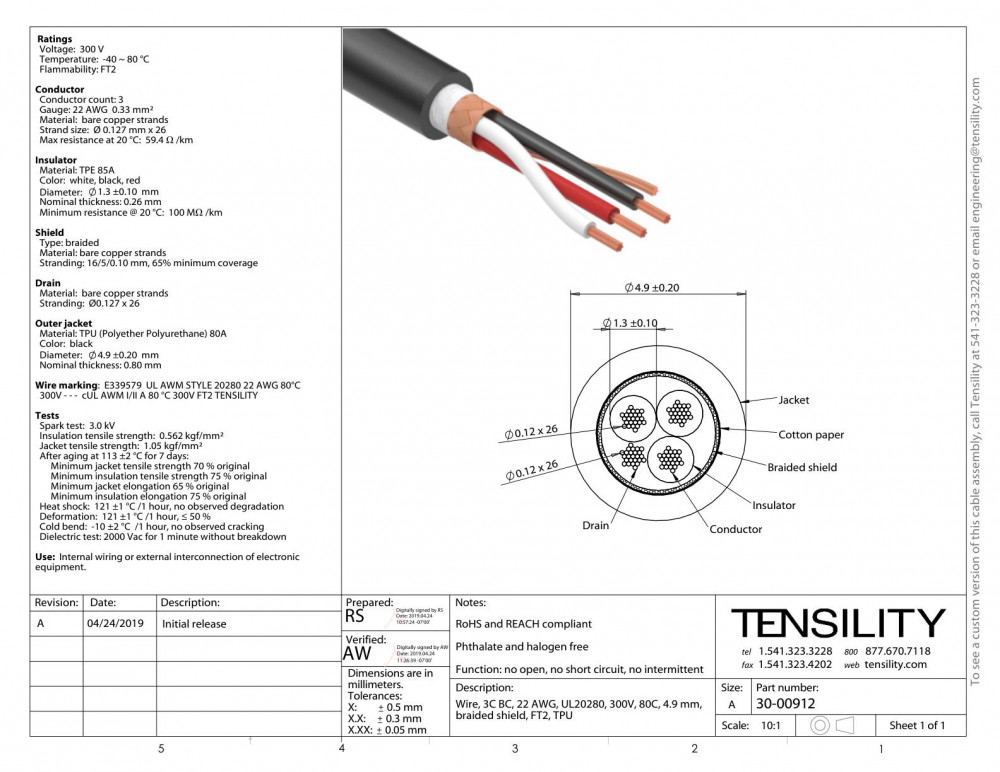 Tensility International 30-00912 cable drawing and specification sheet