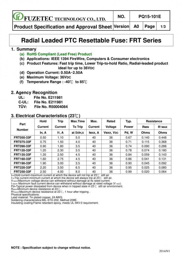 FRT190-33F product specification page 1