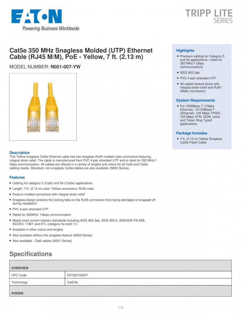 N001-007-YW technical document page 1