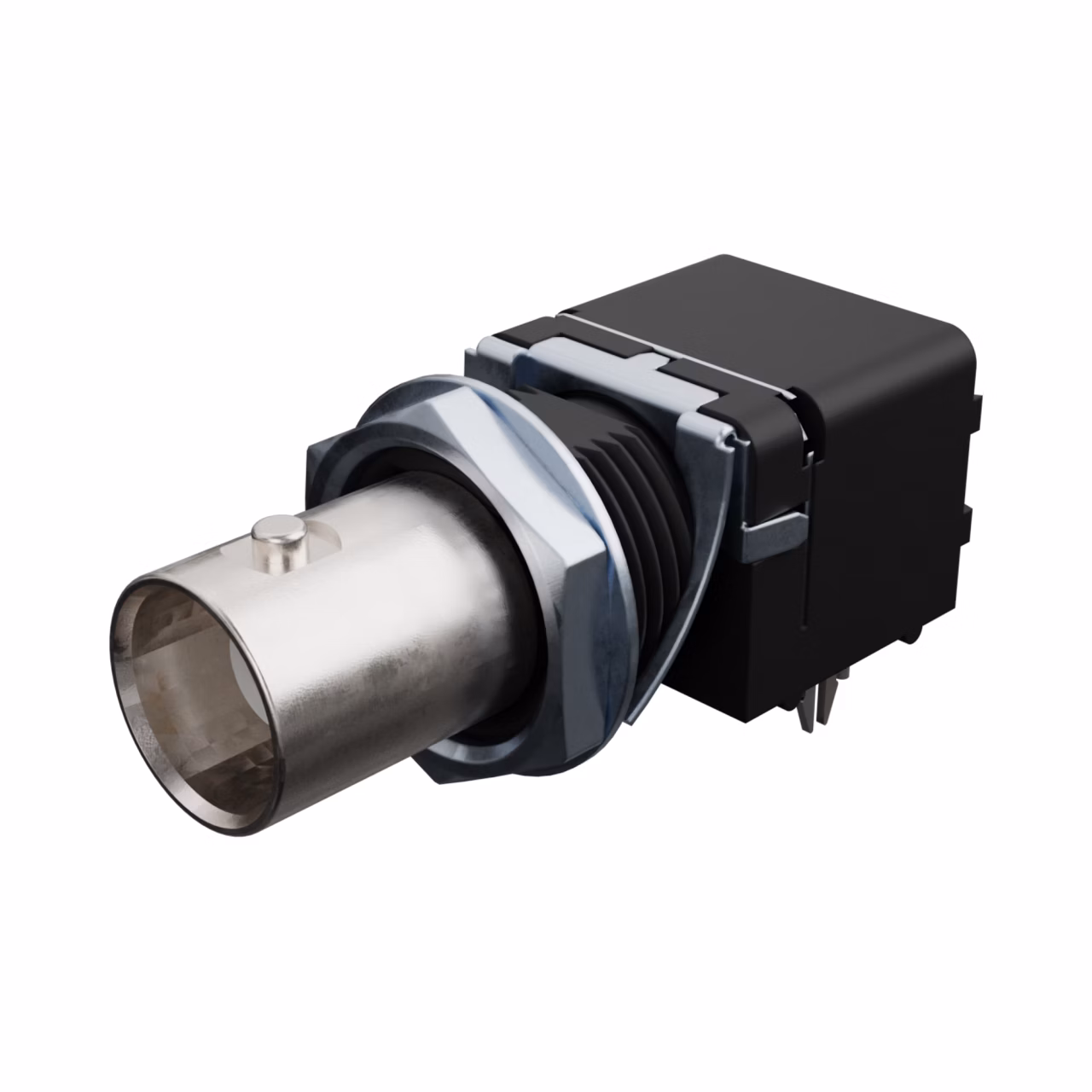 BNC Jack, Right-Angle, Bulkhead Receptacle, PCB, with Board Lock Legs, Filtered, Panel Isolated, Black PBT Housing, Housing Height 13.16mm, Nut and Lockwasher Included, Tin Plated Leads, 50 Ohms for sale