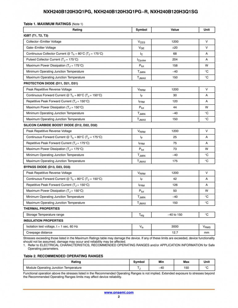 NXH240B120H3Q1 technical document page 2