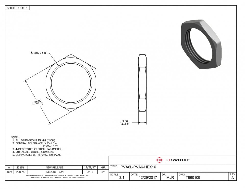 E-Switch PVA6L-PVA6-HEX16 technical drawing