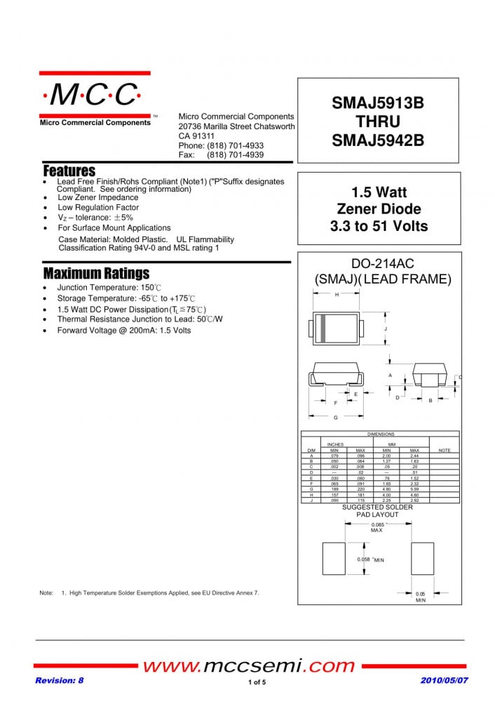 MCC SMAJ5919B-TP datasheet page 1
