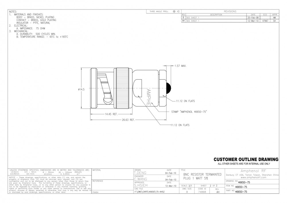 Amphenol 000-46650-75 customer outline drawing