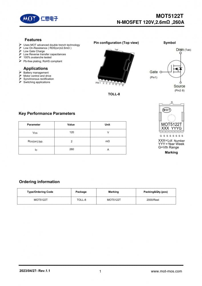 MOT5122T datasheet page 1