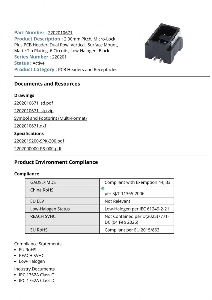 MOLEX 2202010671 technical document preview, page 1