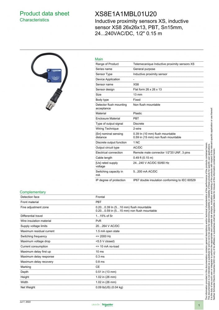 XS8E1A1MBL01U20 technical document page 1
