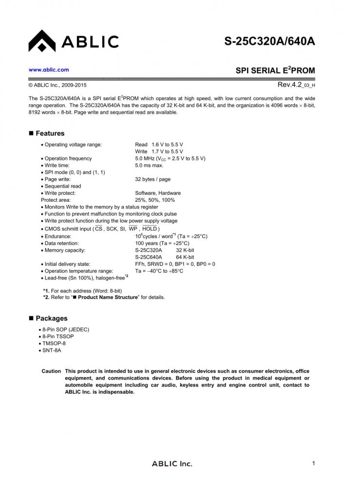 ABLIC S-25C640A0I-J8T1U3 datasheet page 1