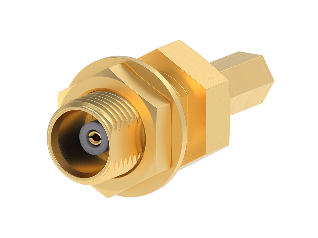 MCX Jack, Straight, Crimp, Bulkhead Mount, RG-178/RG-196 Cable, Brass Body, Gold (Au) Plated, with Nut and Lockwasher, Tray, 50 Ohms for sale