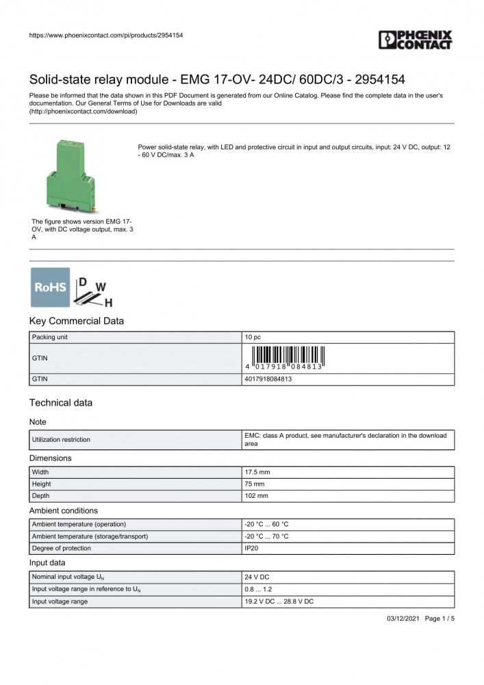 Phoenix Contact 2954154 technical document page 1