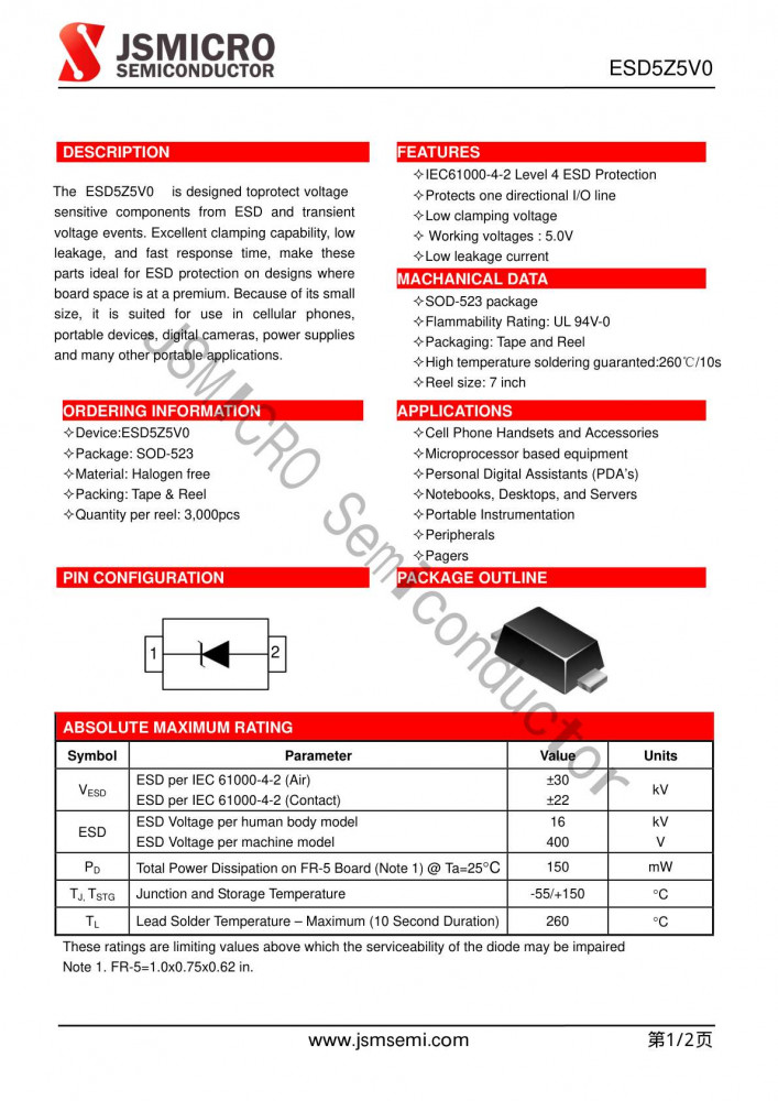 ESD5Z5V0 datasheet page 1