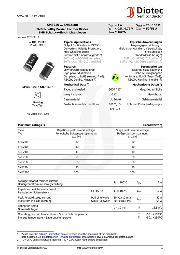 DIOTEC SMS220 to SMS2100 datasheet page 1