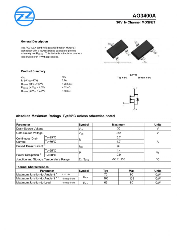 AO3400A datasheet page 1