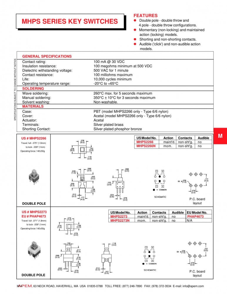 APEM MHPS series datasheet page 1