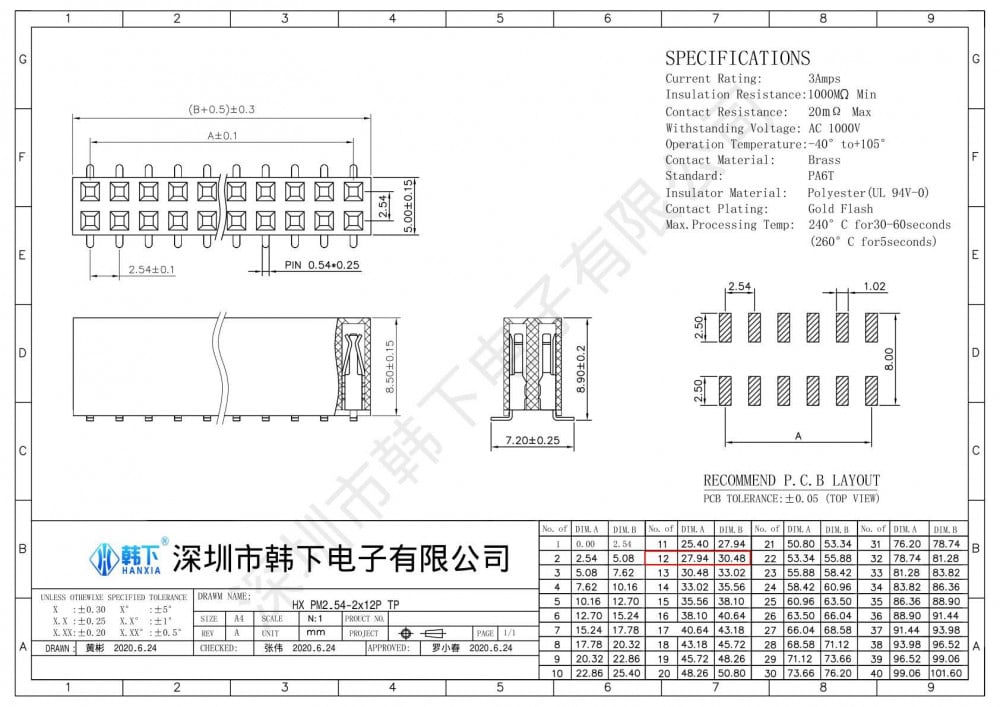 HX PM2.54-2x12P TP technical drawing