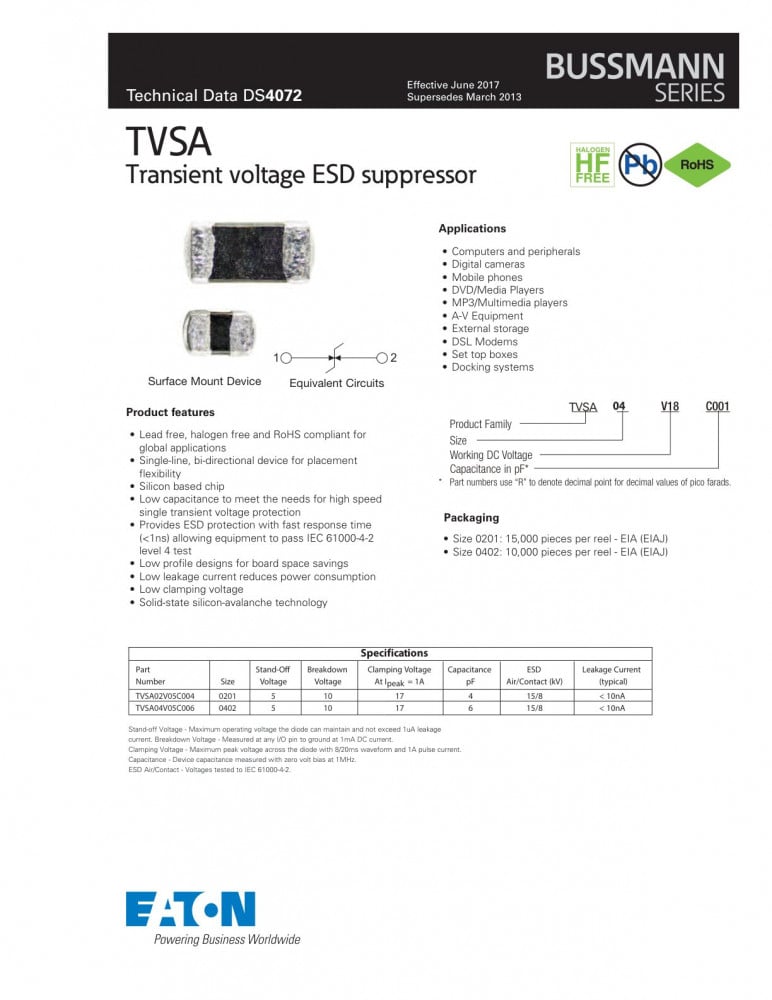 EATON TVSA series datasheet page 1