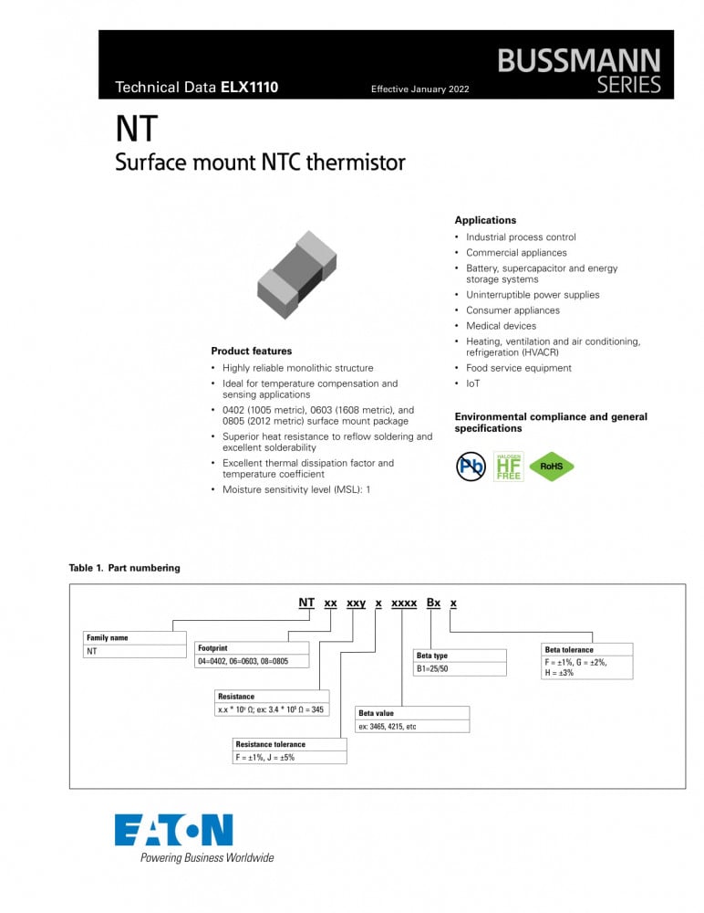 EATON NT surface-mount NTC datasheet page 1