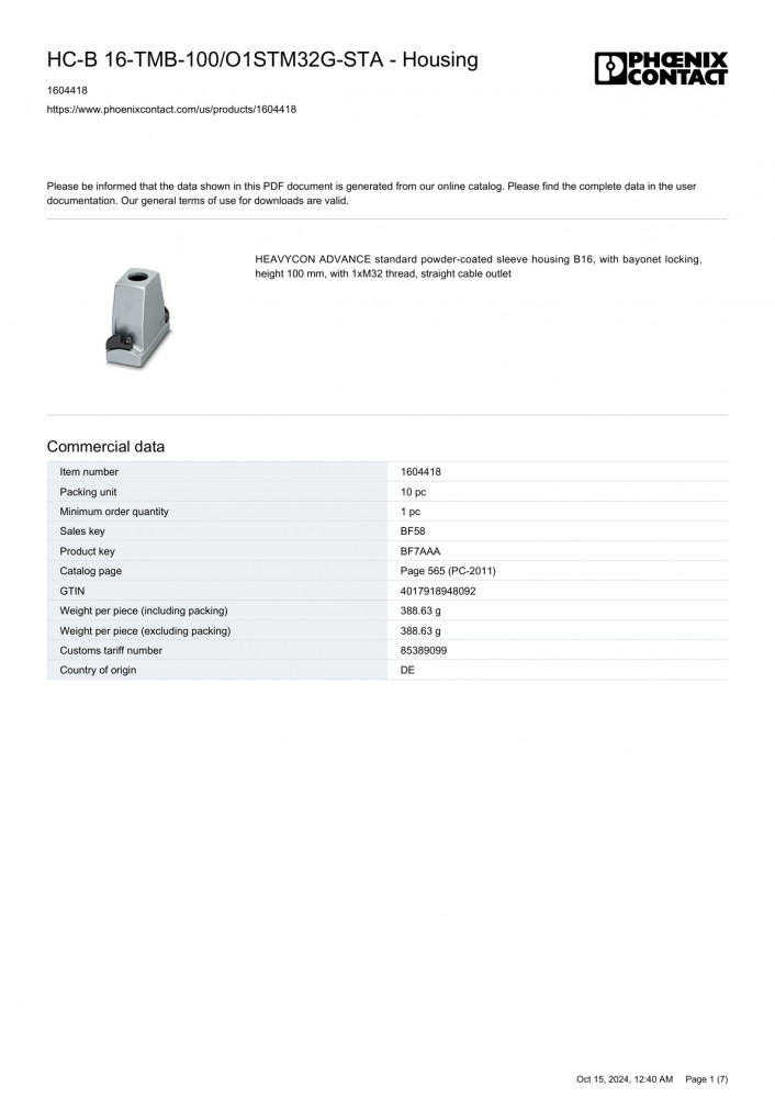 Phoenix Contact 1604418 product data page 1