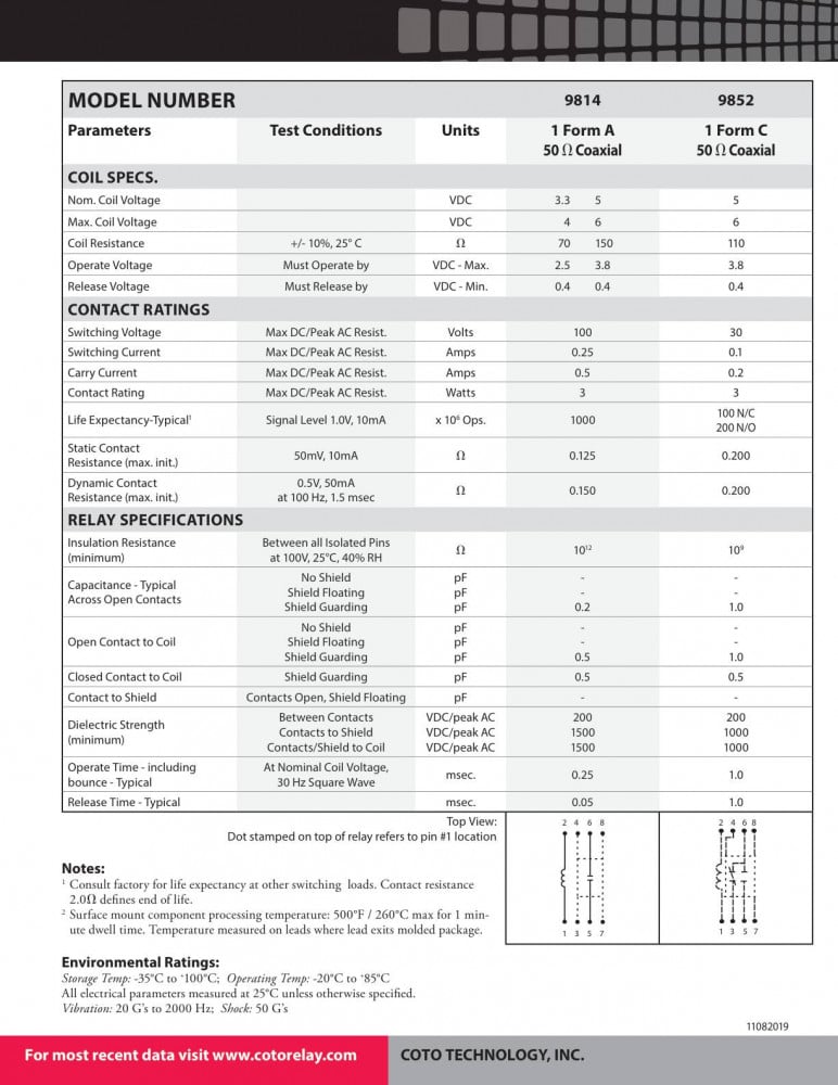 COTO 9852 Form C electrical specifications datasheet page 2