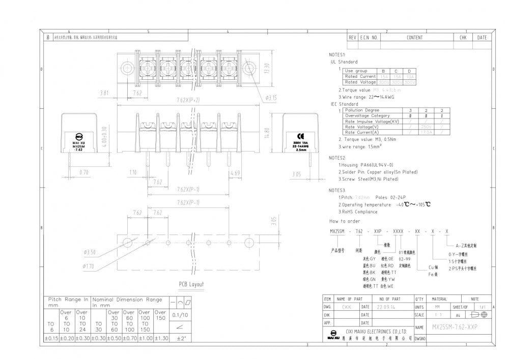 MX25SM-7.62 terminal block technical drawing