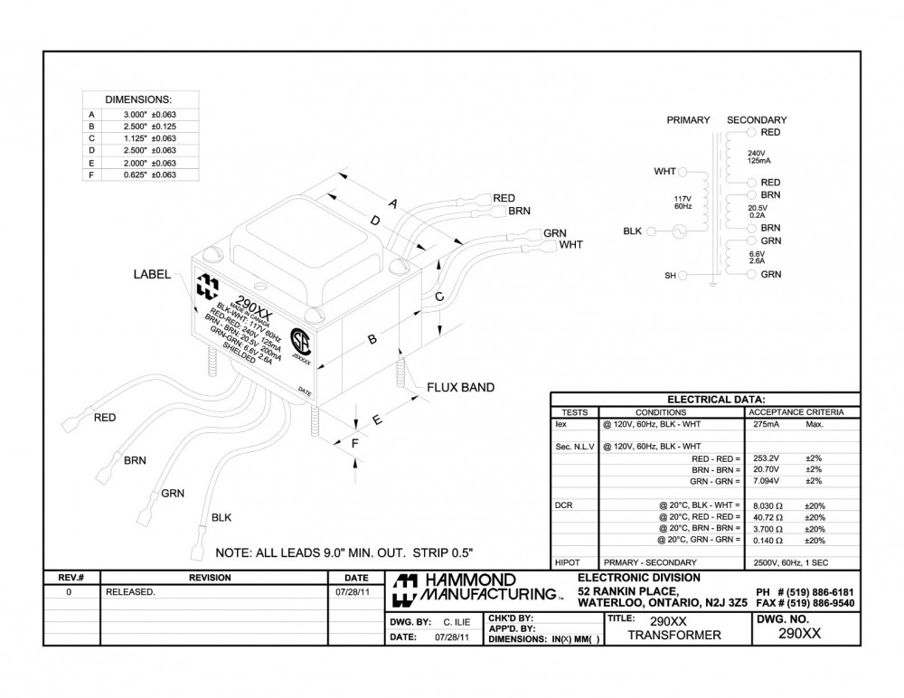 Hammond 290XX transformer drawing and electrical specifications