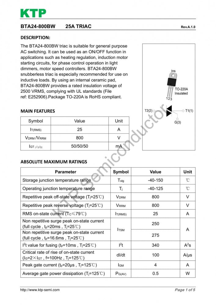 BTA24-800BW datasheet page 1