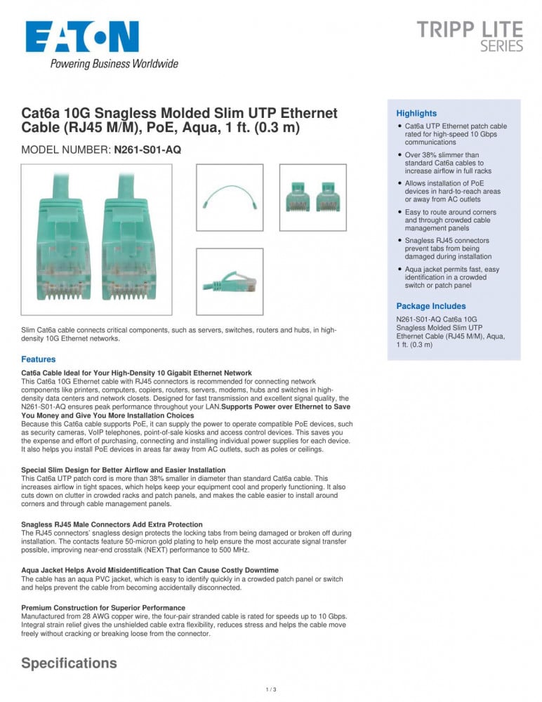 EATON N261-S01-AQ technical document page 1