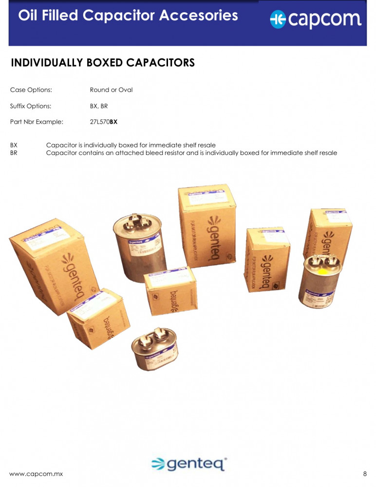 Catalog page 8: individually boxed capacitor options