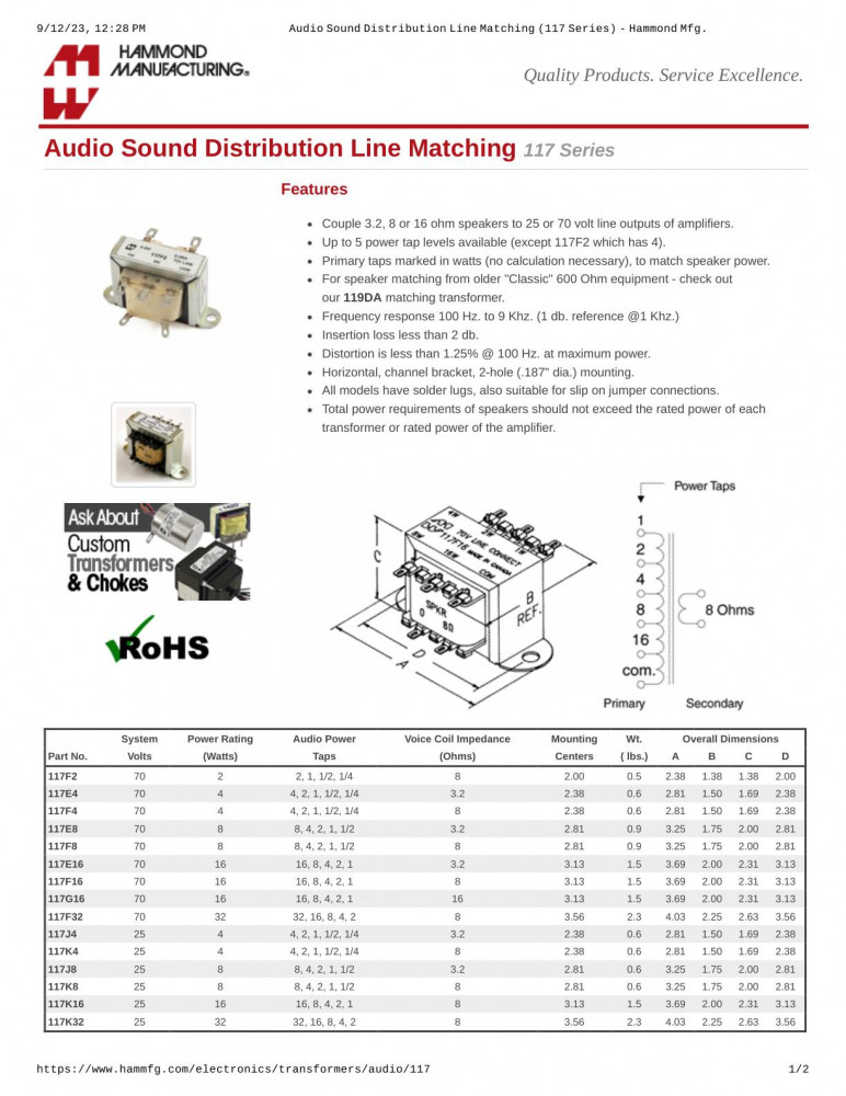 Hammond 117 Series audio line matching transformer documentation page 1