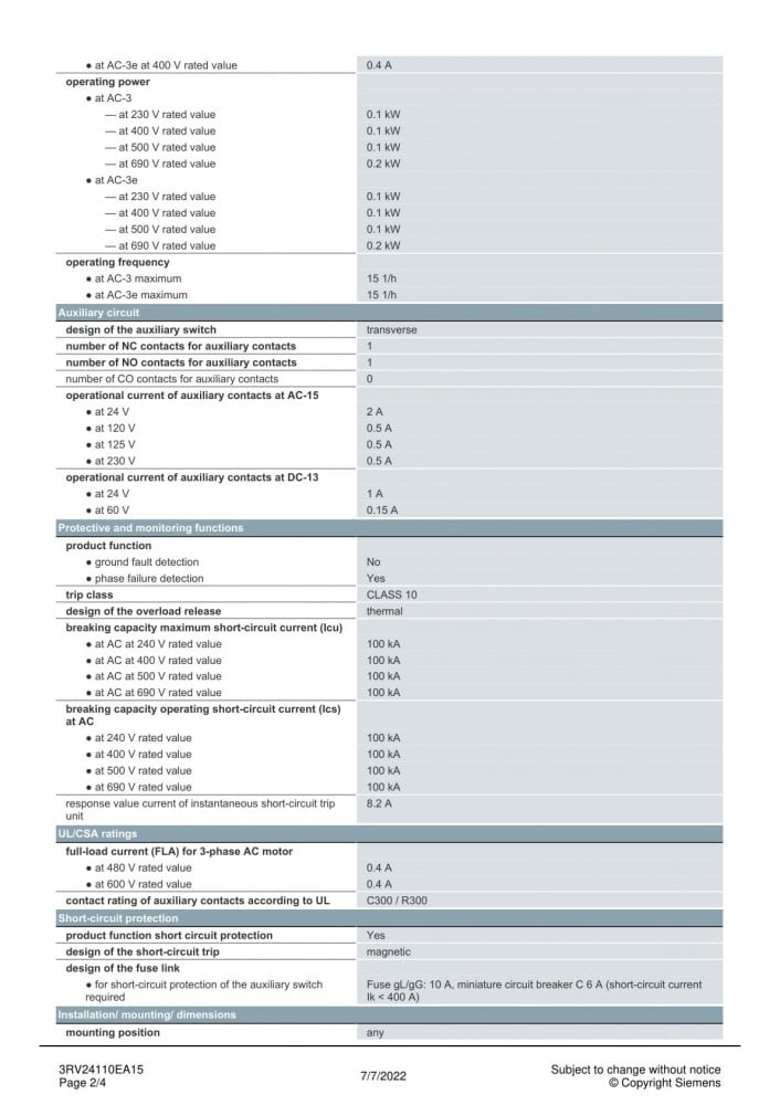 SIEMENS 3RV24110EA15 datasheet page 2