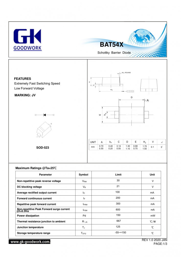BAT54X technical document page 1