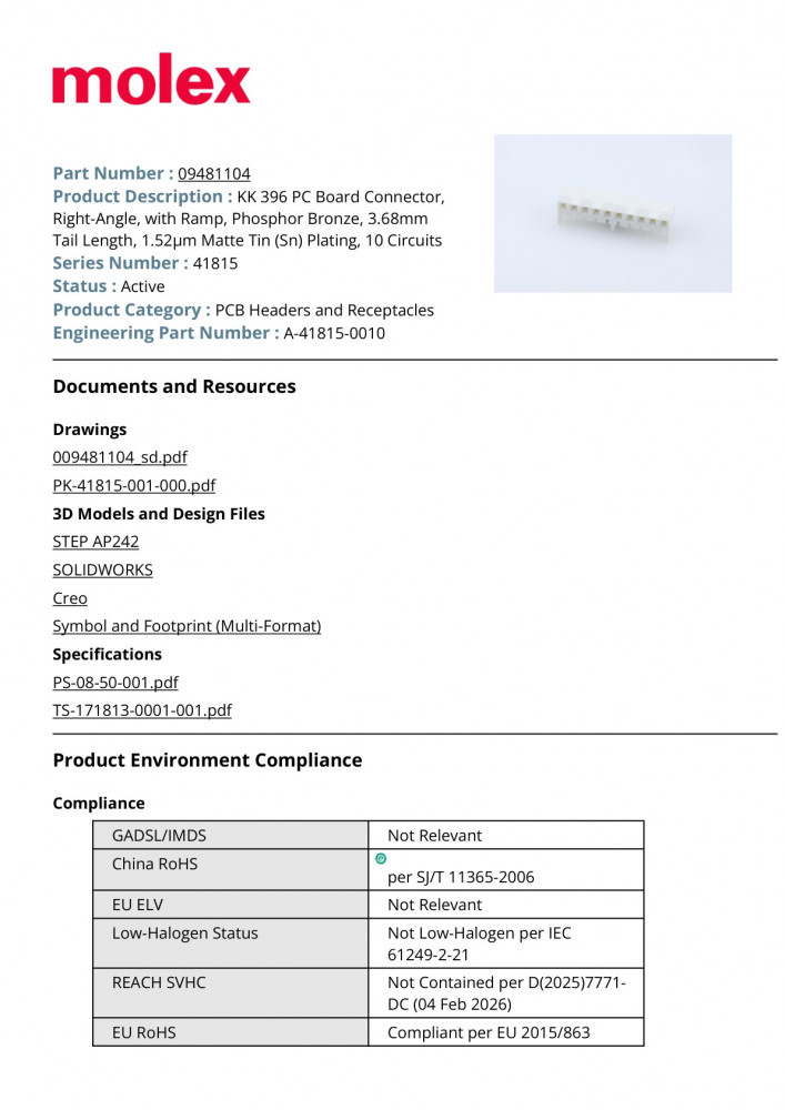Molex KK 396 product specification page 1