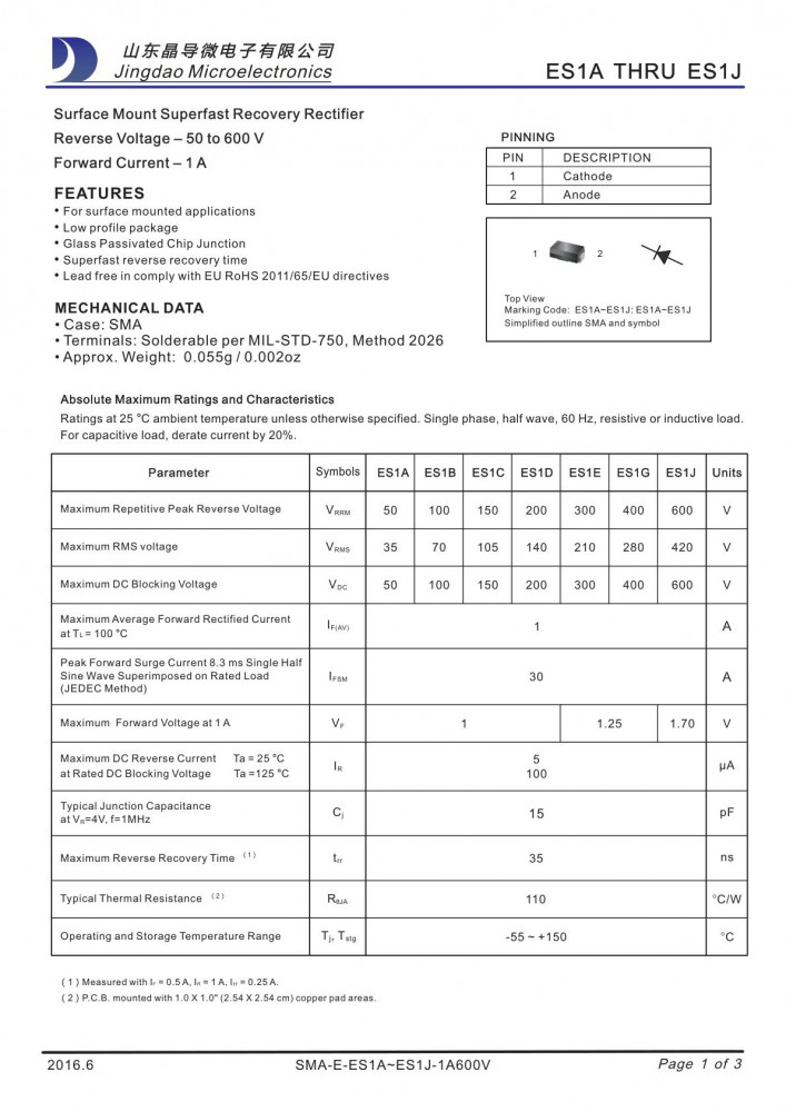 ES1J datasheet page 1