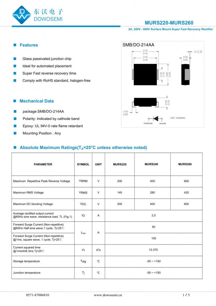MURS260 datasheet page 1