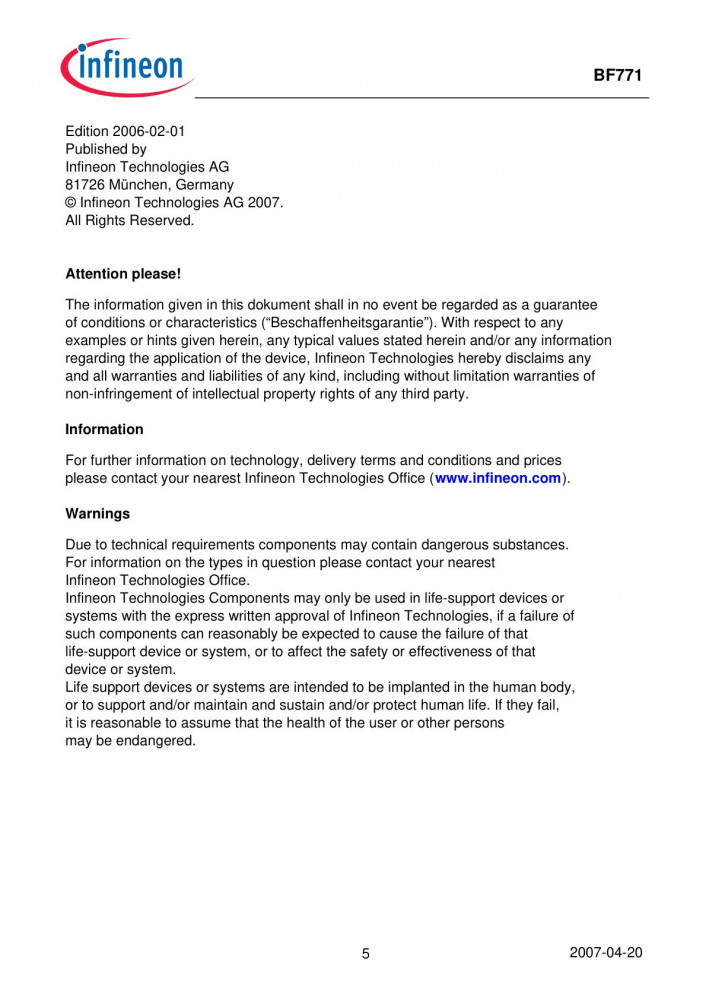 BF771 product documentation page 5