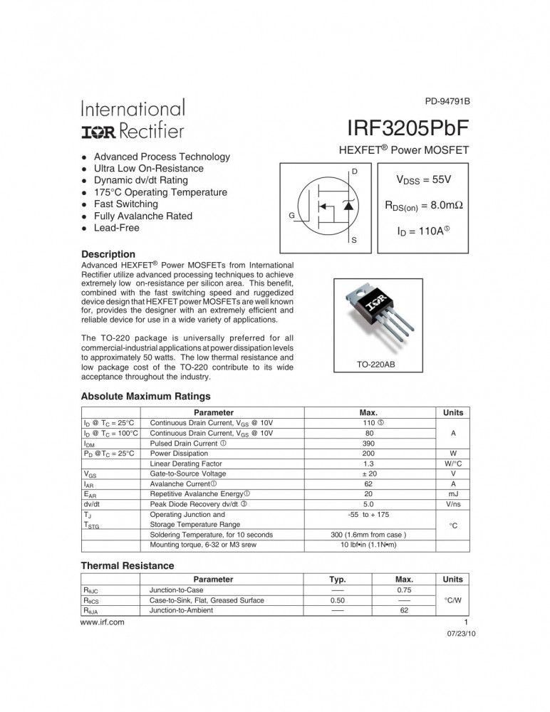 IRF3205PBF datasheet page 1
