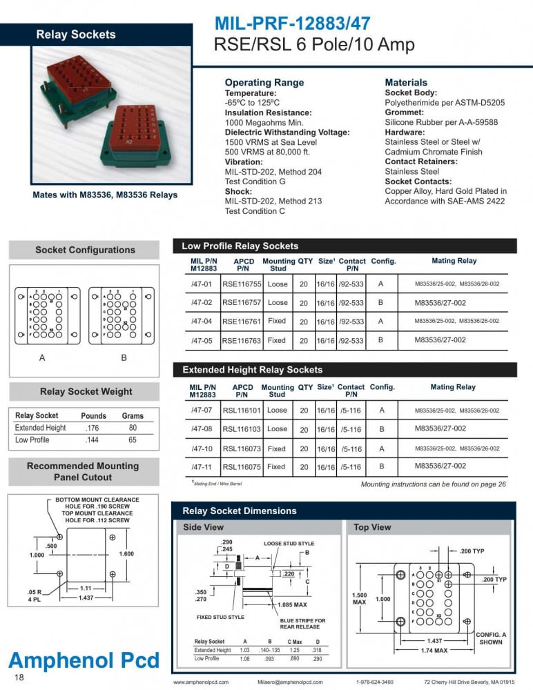 Amphenol RSL116073-S relay socket technical document page