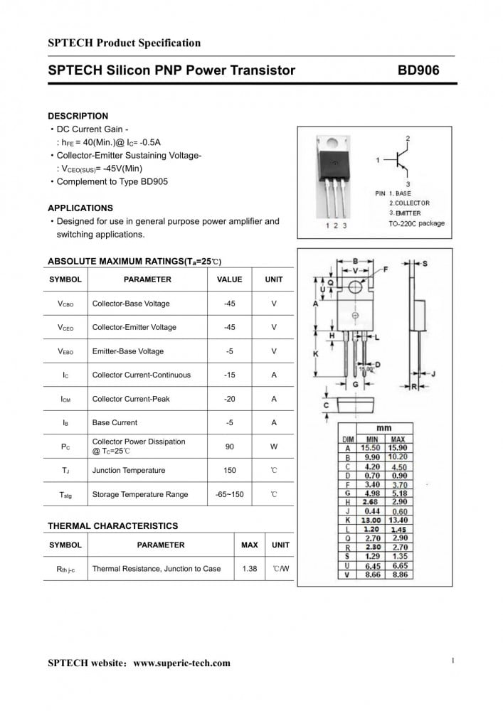 SPTECH BD906 datasheet page 1