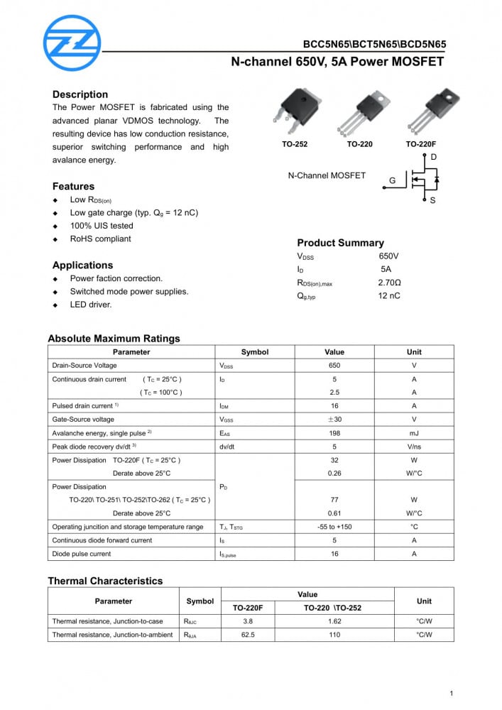 BCT5N65 datasheet page 1