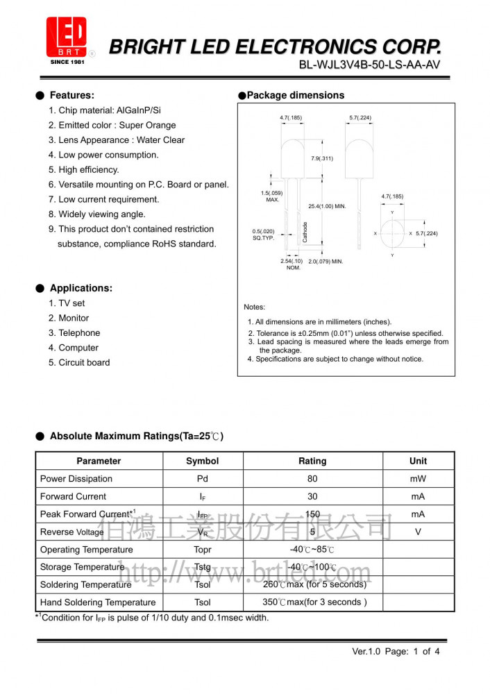 BL-WJL3V4B-50-LS-AA-AV technical document page 1