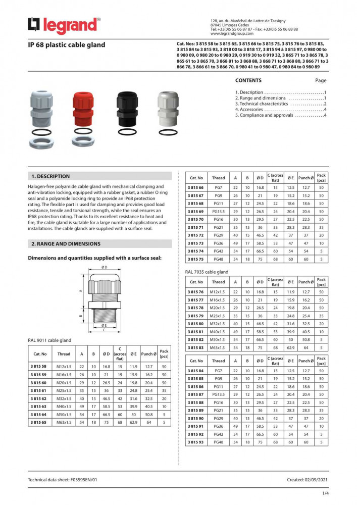 Legrand cable gland documentation, page 1