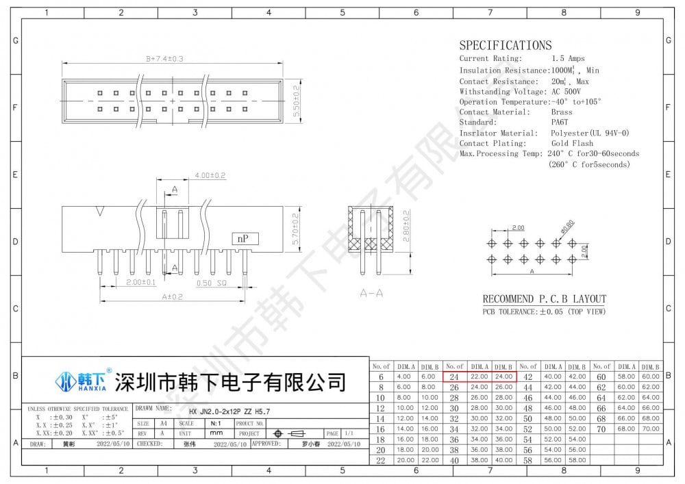 HANXIA HX JN2.0-2x12P ZZ H5.7 technical drawing
