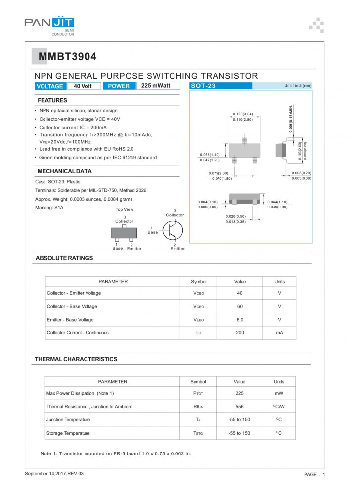 PANJIT MMBT3904 datasheet page 1