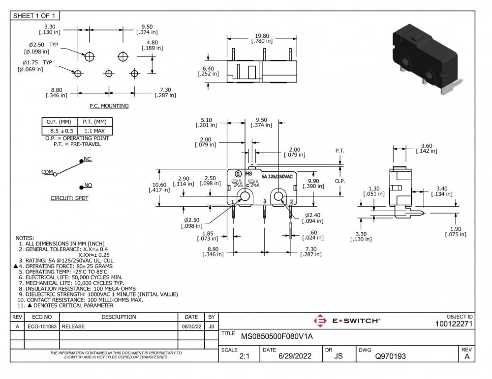 E-Switch MS0850500F080V1A technical drawing